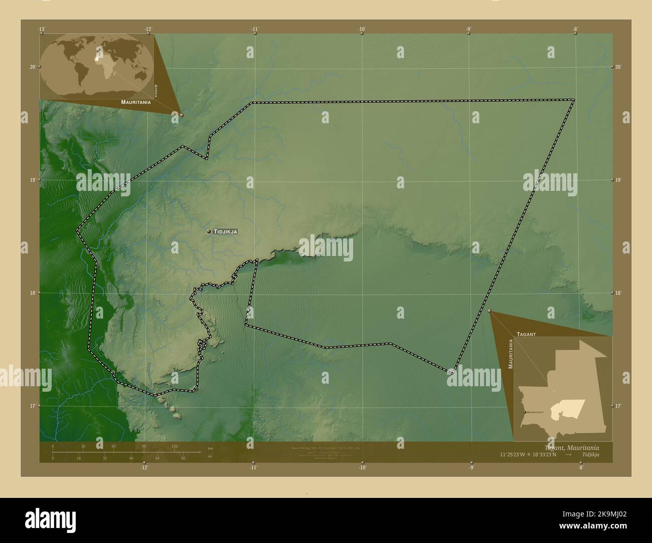 Tagant, region of Mauritania. Colored elevation map with lakes and ...