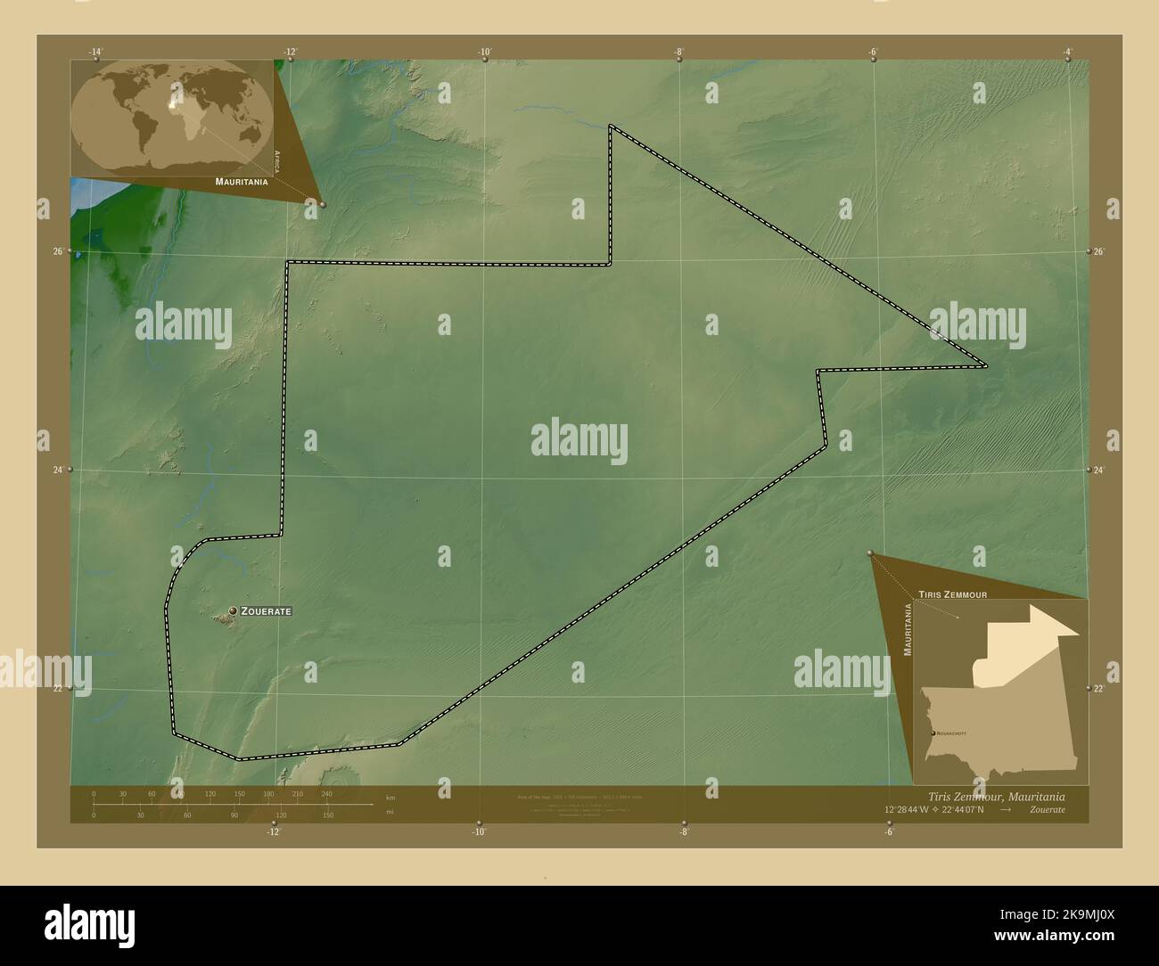 Tiris Zemmour, region of Mauritania. Colored elevation map with lakes ...