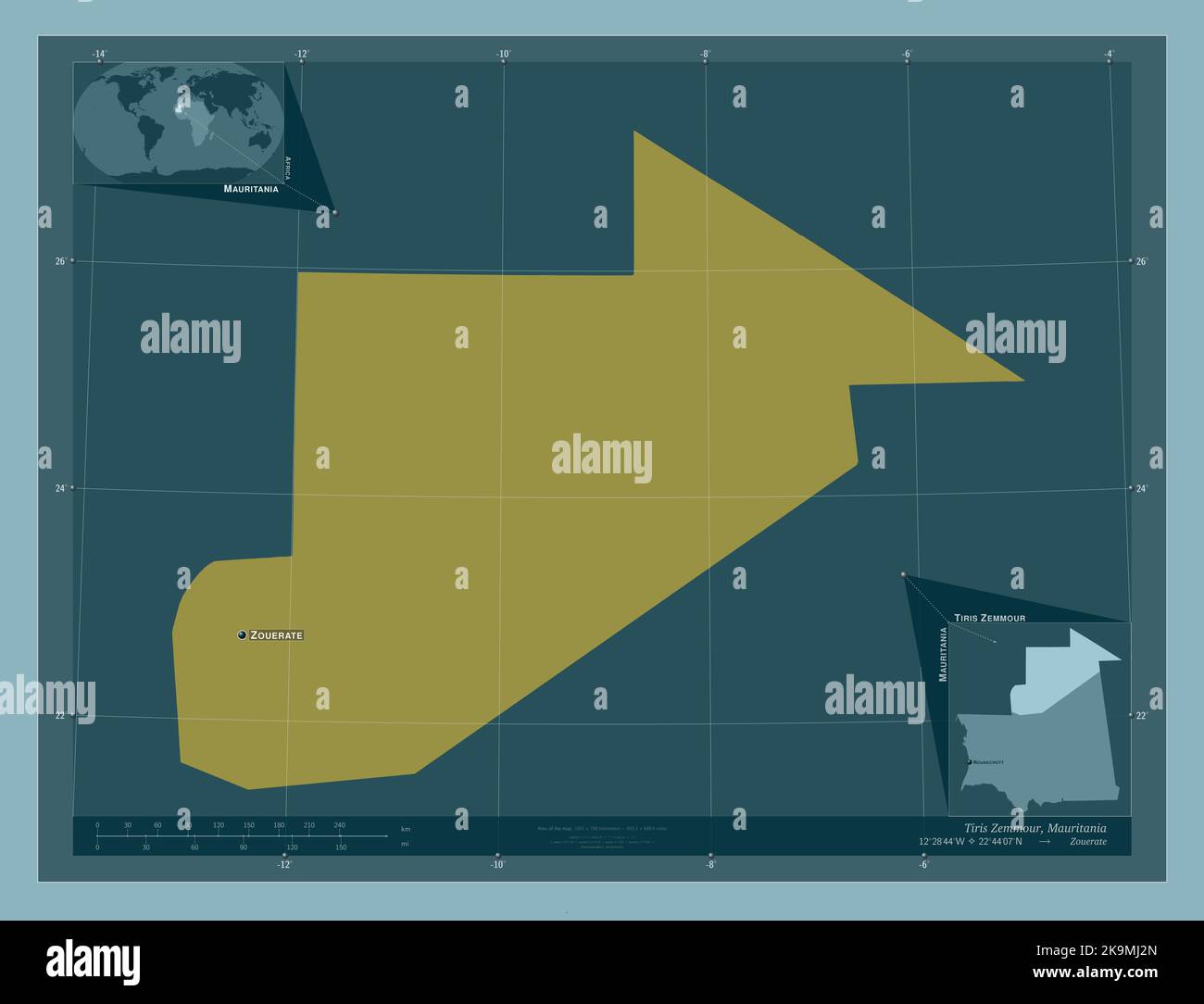 Tiris Zemmour, region of Mauritania. Solid color shape. Locations and ...