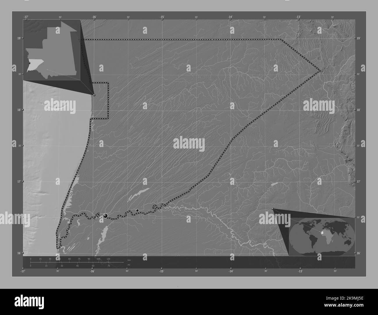 Trarza, region of Mauritania. Bilevel elevation map with lakes and ...
