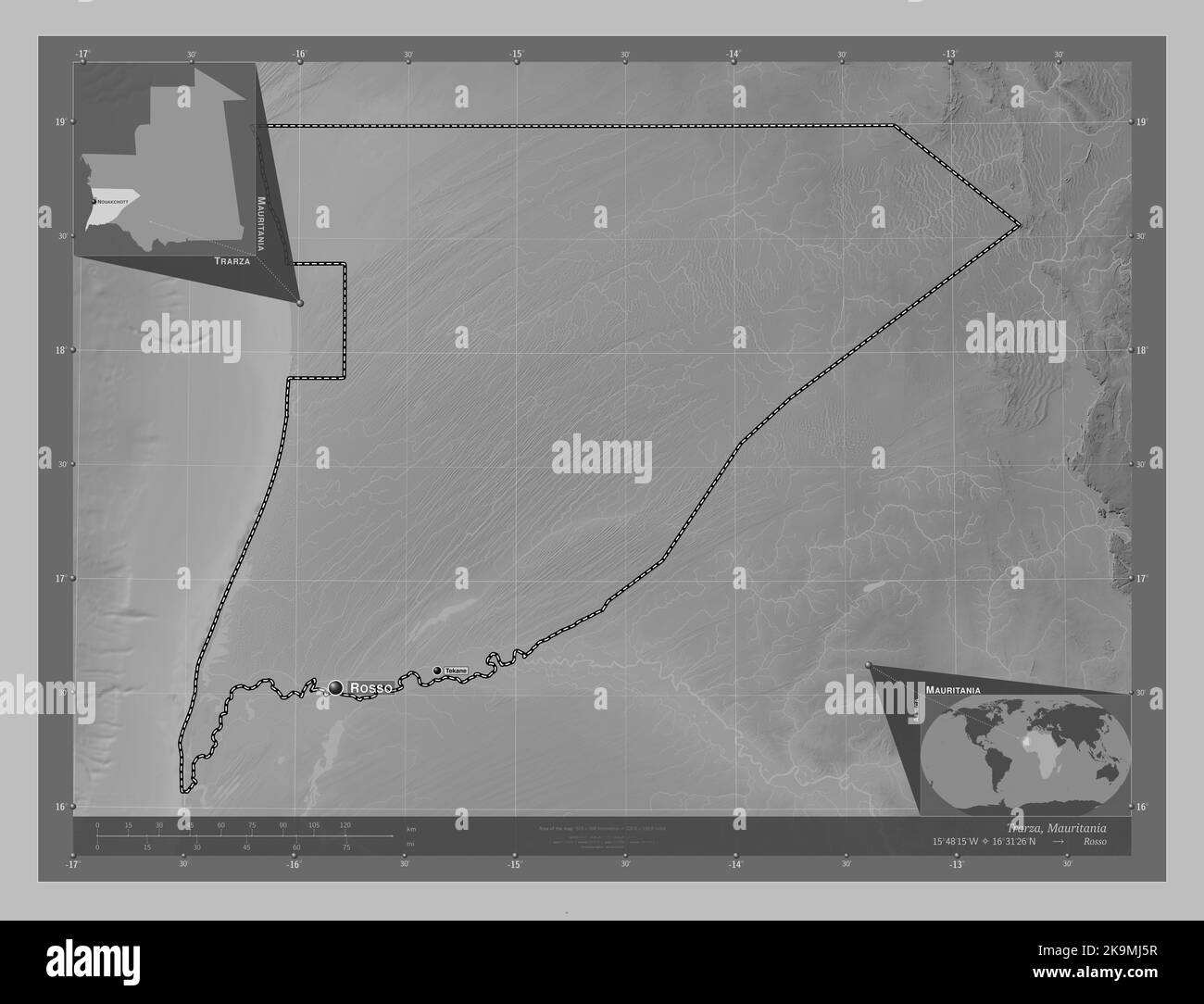 Trarza, region of Mauritania. Grayscale elevation map with lakes and ...