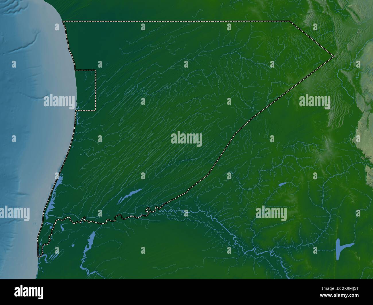Trarza, region of Mauritania. Colored elevation map with lakes and ...