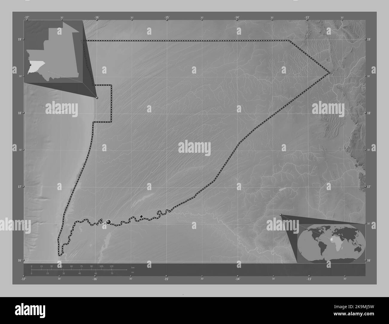 Trarza, region of Mauritania. Grayscale elevation map with lakes and ...
