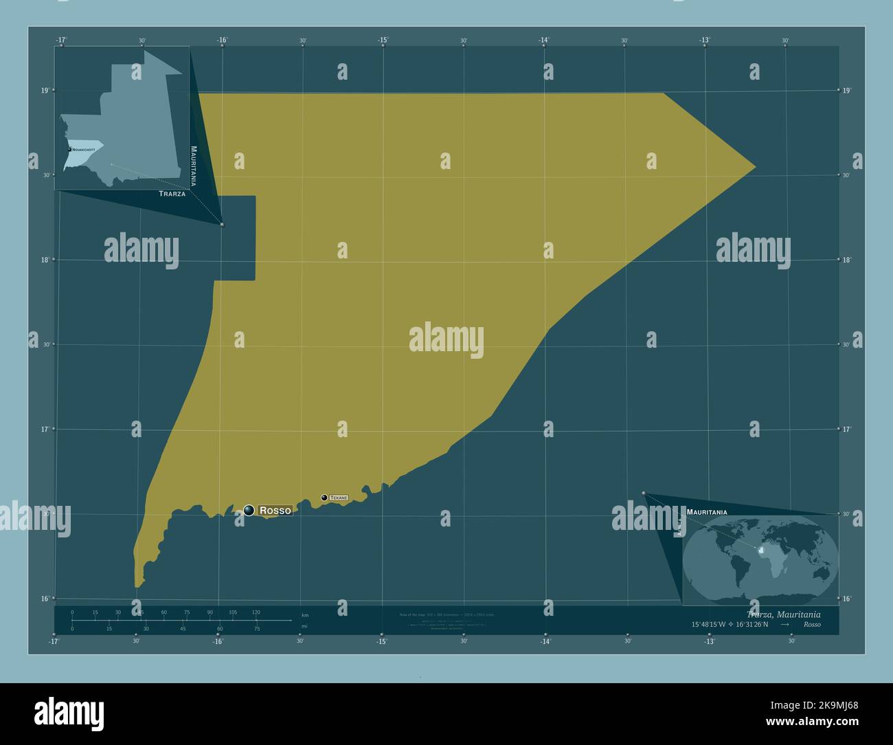 Trarza, region of Mauritania. Solid color shape. Locations and names of ...