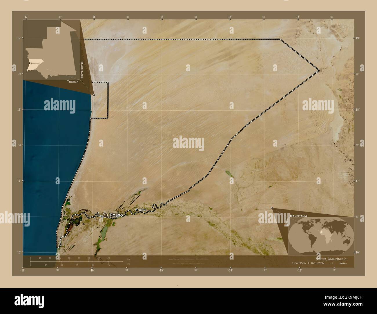 Trarza, region of Mauritania. Low resolution satellite map. Locations ...