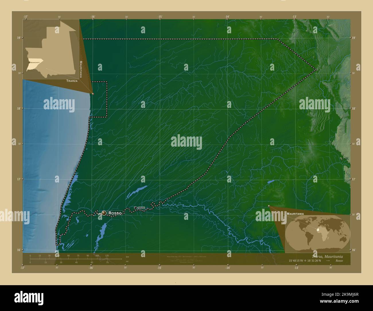 Trarza, region of Mauritania. Colored elevation map with lakes and ...