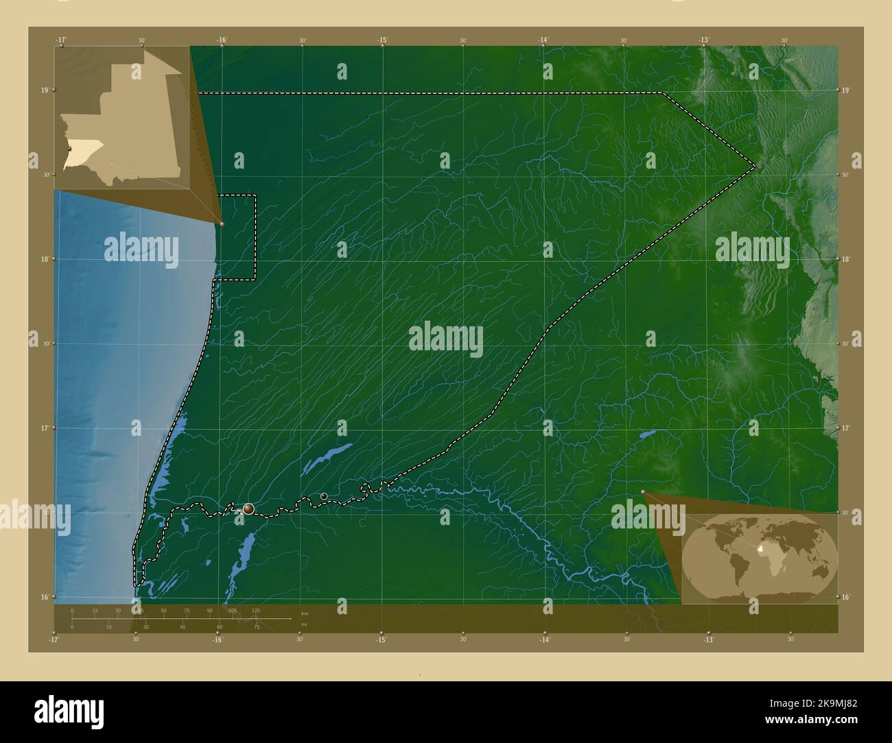 Trarza, region of Mauritania. Colored elevation map with lakes and ...