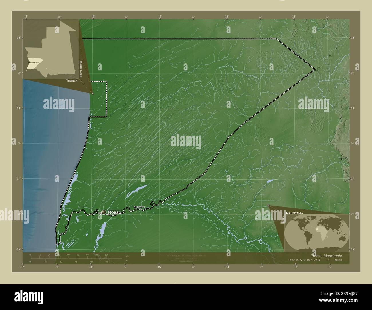 Trarza, region of Mauritania. Elevation map colored in wiki style with ...
