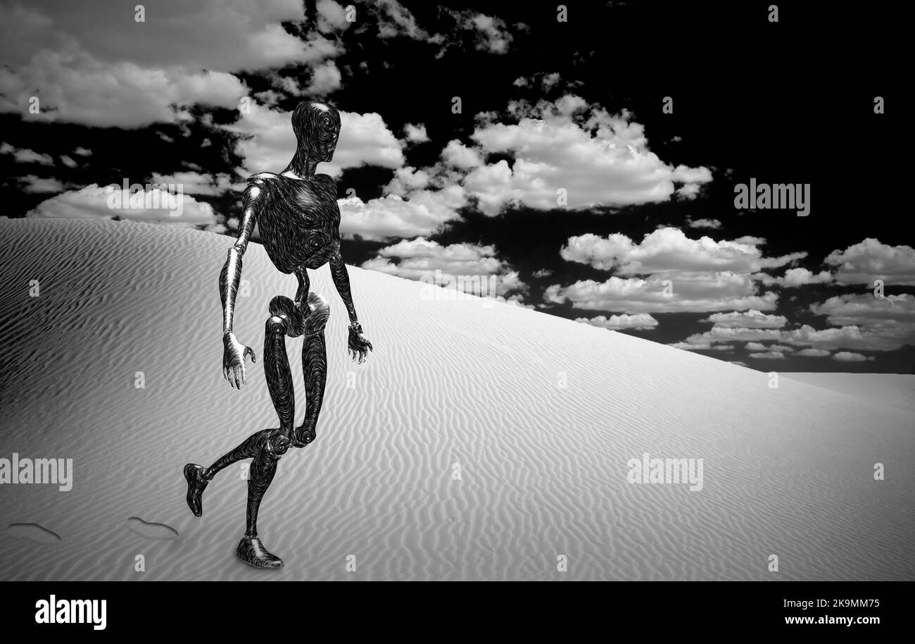 Alien robot in surreal white desert. 3D rendering Stock Photo - Alamy