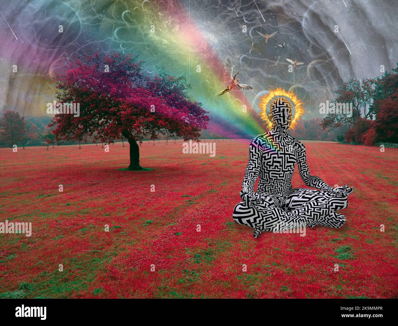 Man meditates in lotus pose in surreal landscape. Angels in the sky. 3D ...