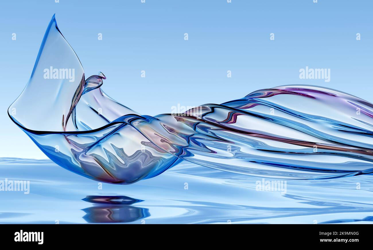 3d abstract glossy wavy background. Transparent glass ribbon flying on ...