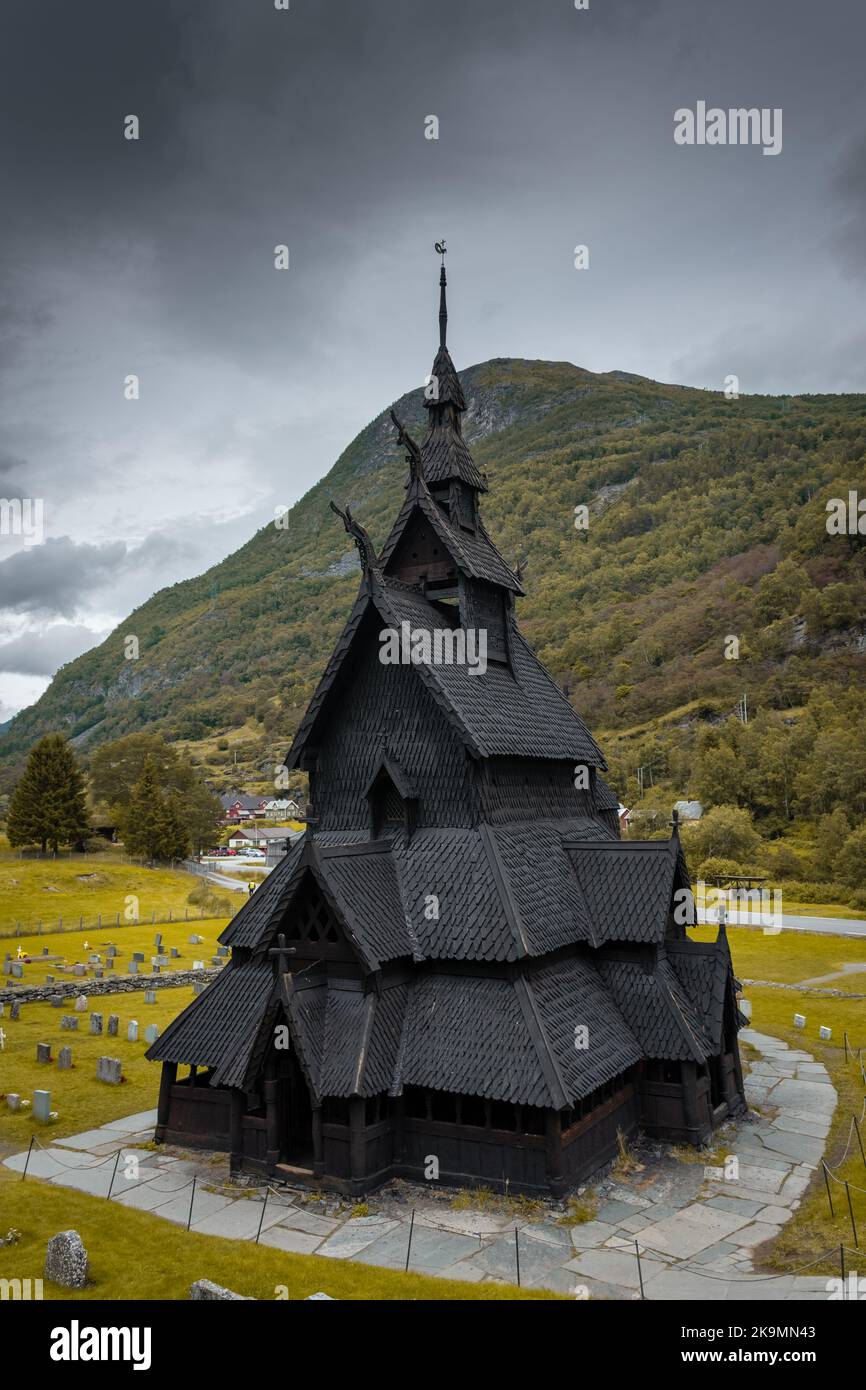 The ancient wooden church of Borgund with cloudy sky, Norway Stock ...
