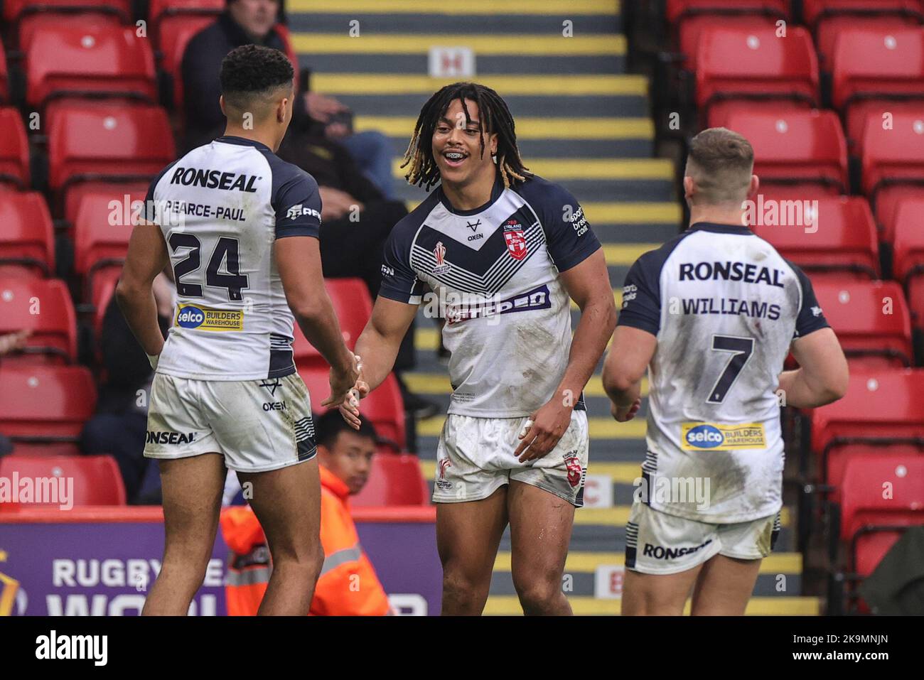 Dom Young of England celebrates his try during the Rugby League World ...