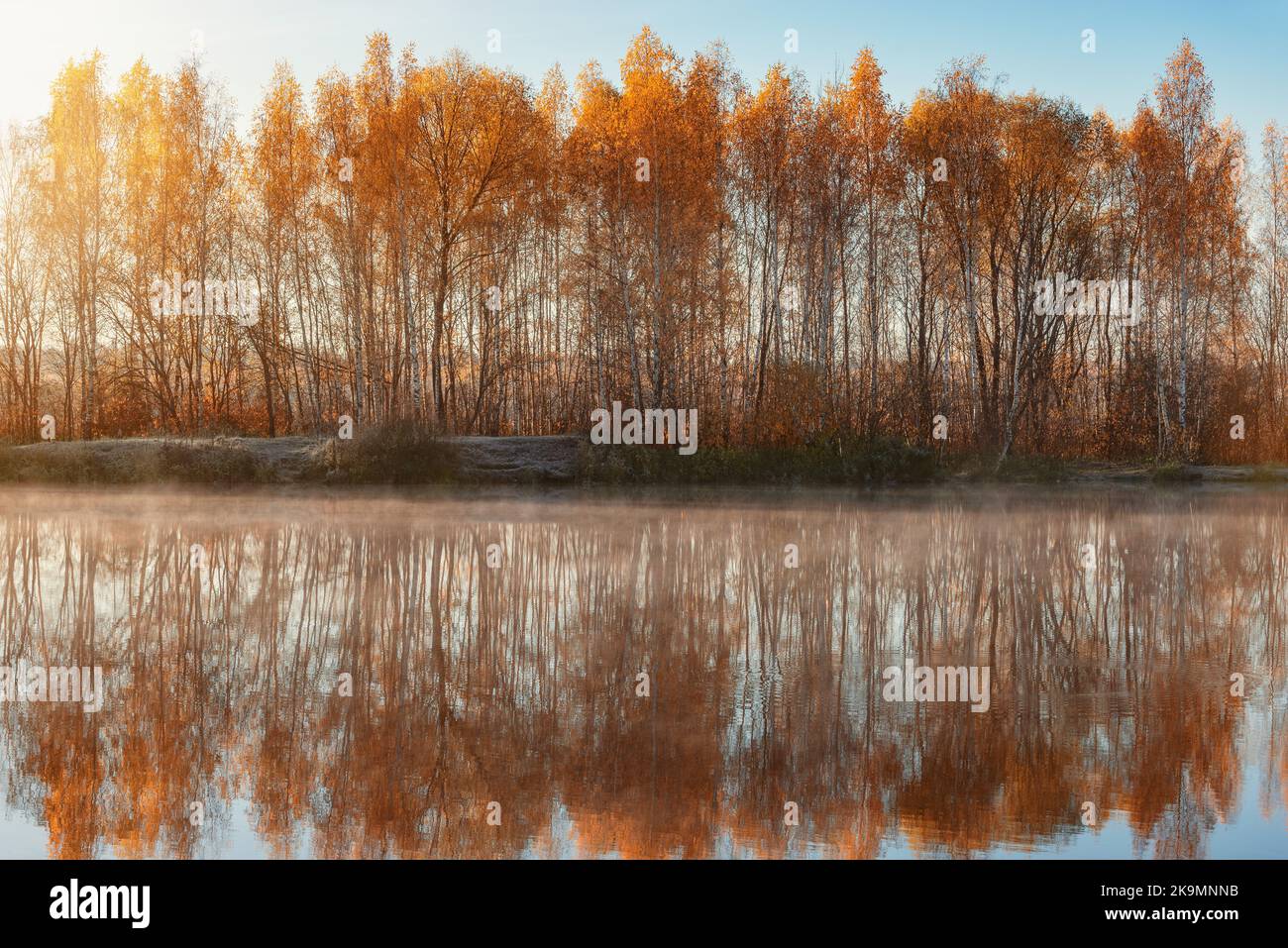 Fog above the lake at cold autumn morning Stock Photo - Alamy