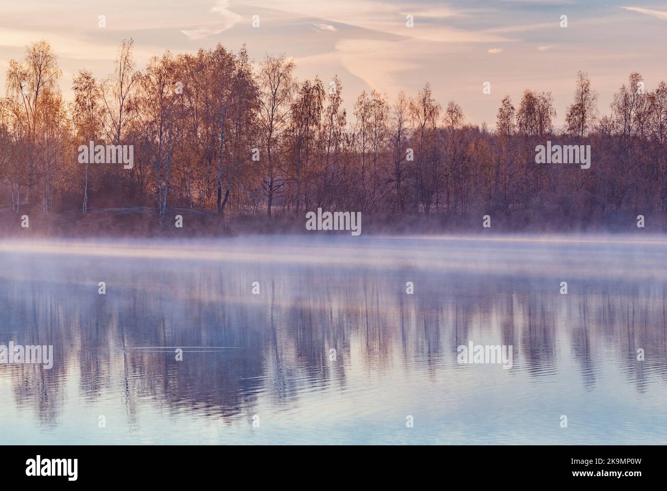 Fog above the lake at cold autumn morning Stock Photo - Alamy
