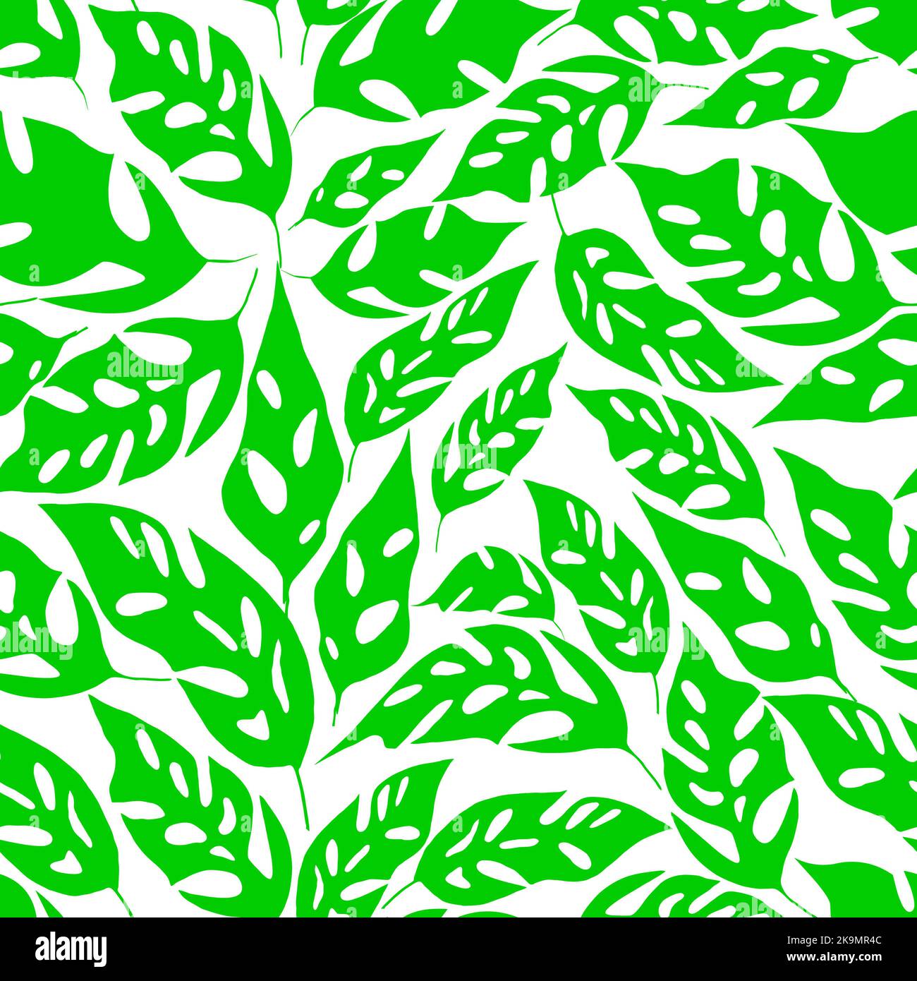 seamless asymmetric repeating pattern of bright light green leaves on a ...