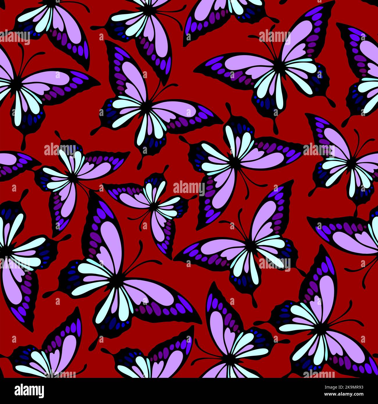 seamless pattern of bright butterflies in purple tones on a red ...
