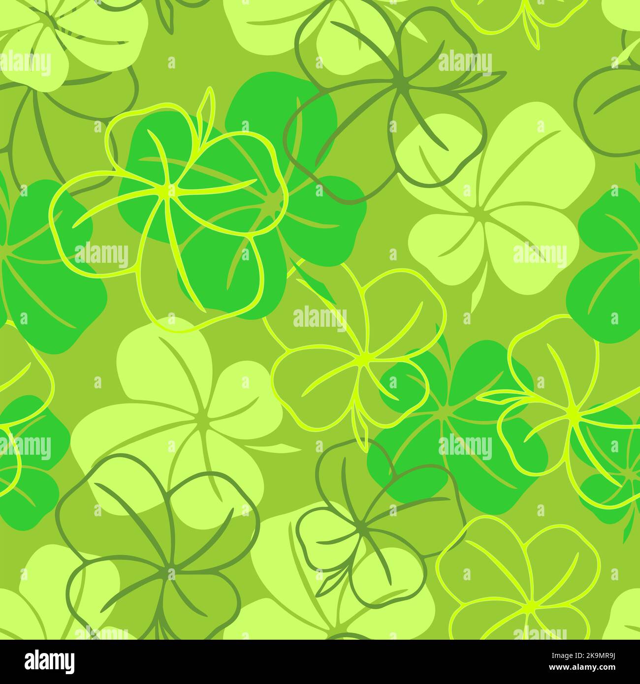 seamless pattern of green contours and silhouettes of a four-leaf ...