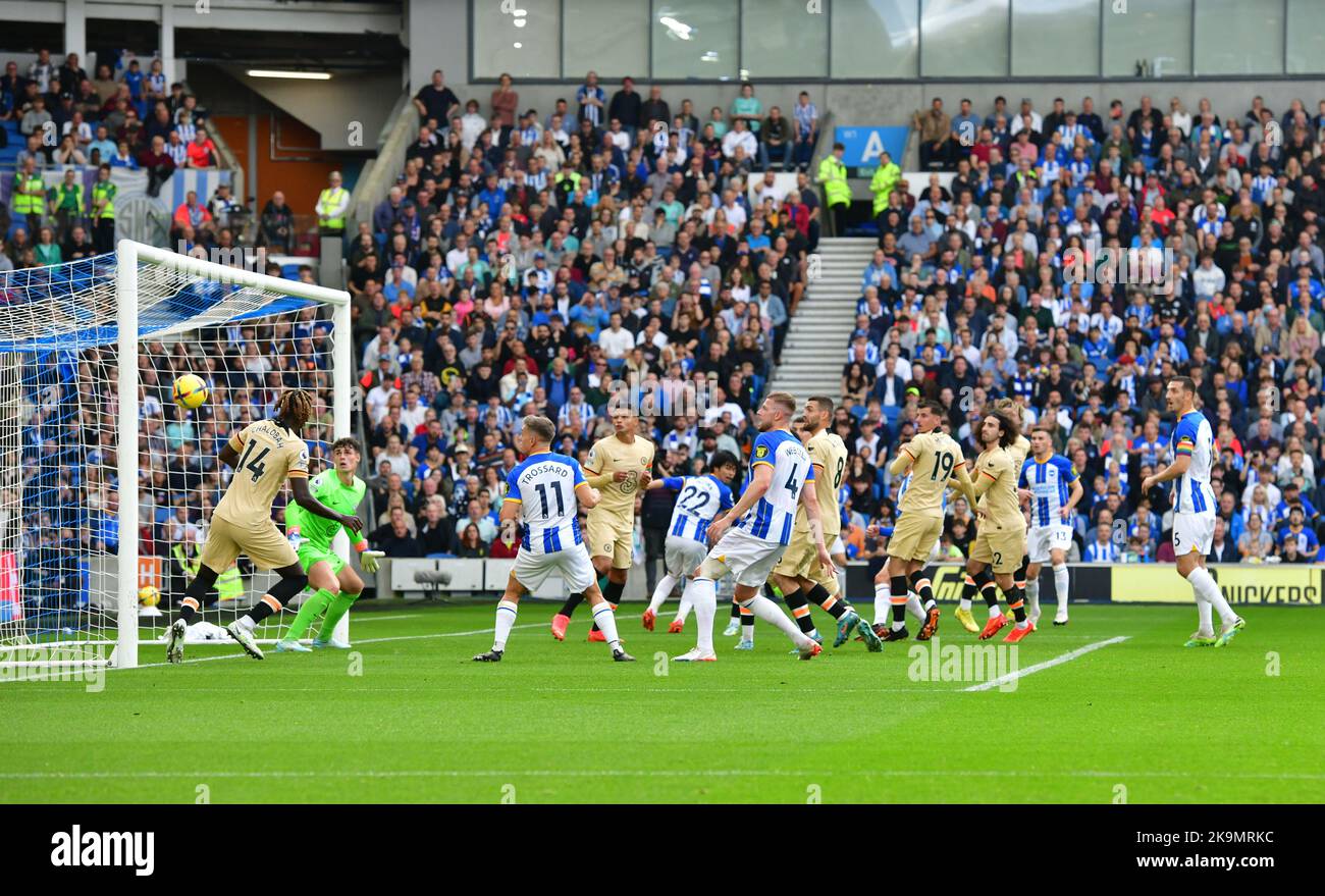 Brighton, UK. 29th Oct, 2022. Brighton players watch as the ball hits ...