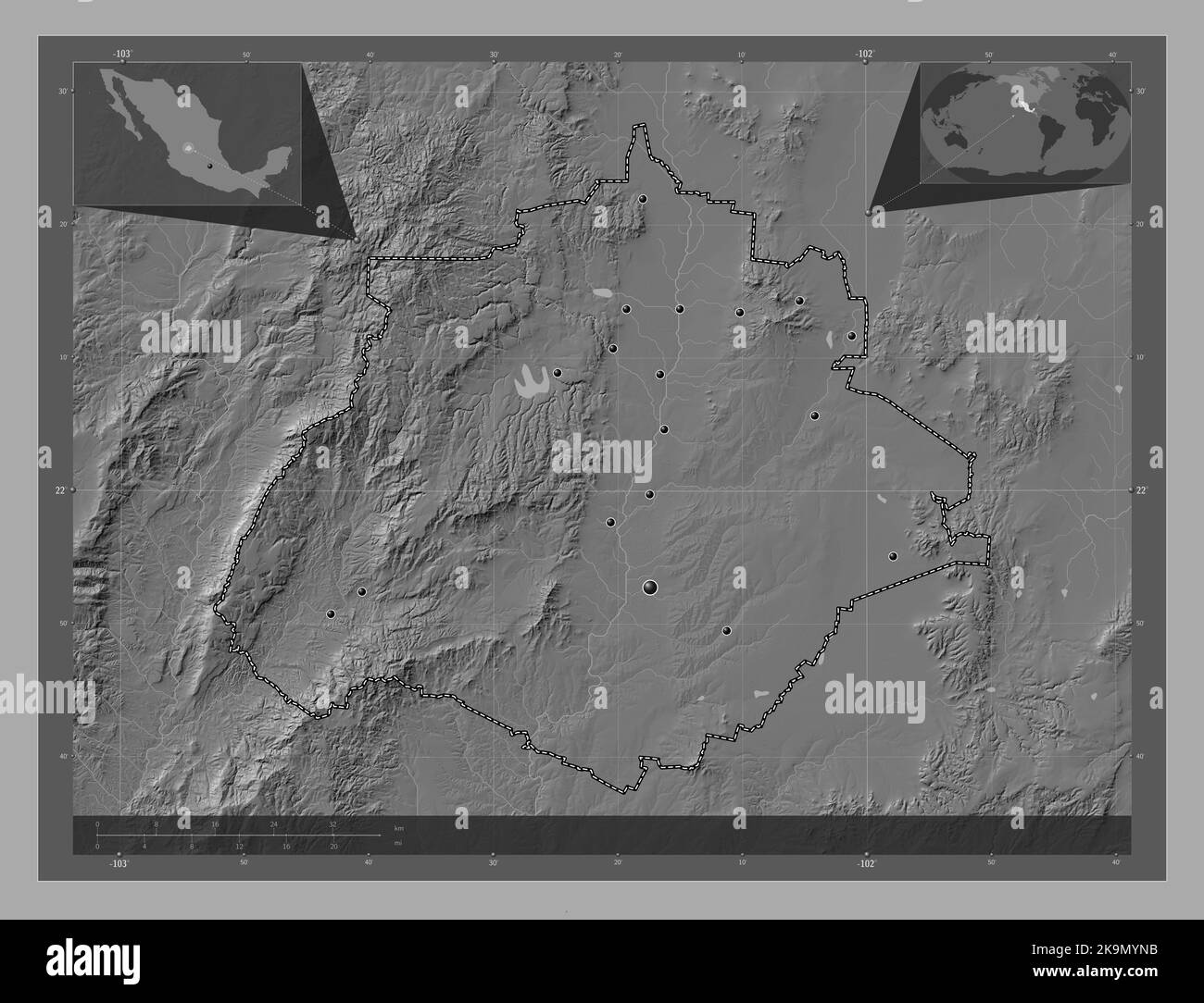 Aguascalientes, state of Mexico. Bilevel elevation map with lakes and ...