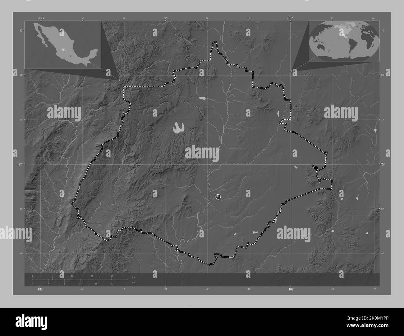 Aguascalientes, state of Mexico. Grayscale elevation map with lakes and ...