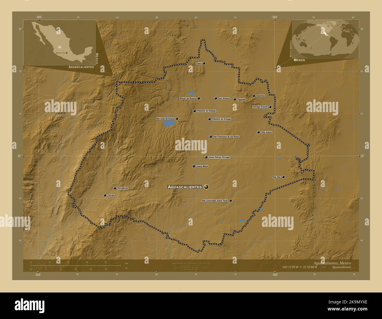 Aguascalientes, state of Mexico. Colored elevation map with lakes and ...