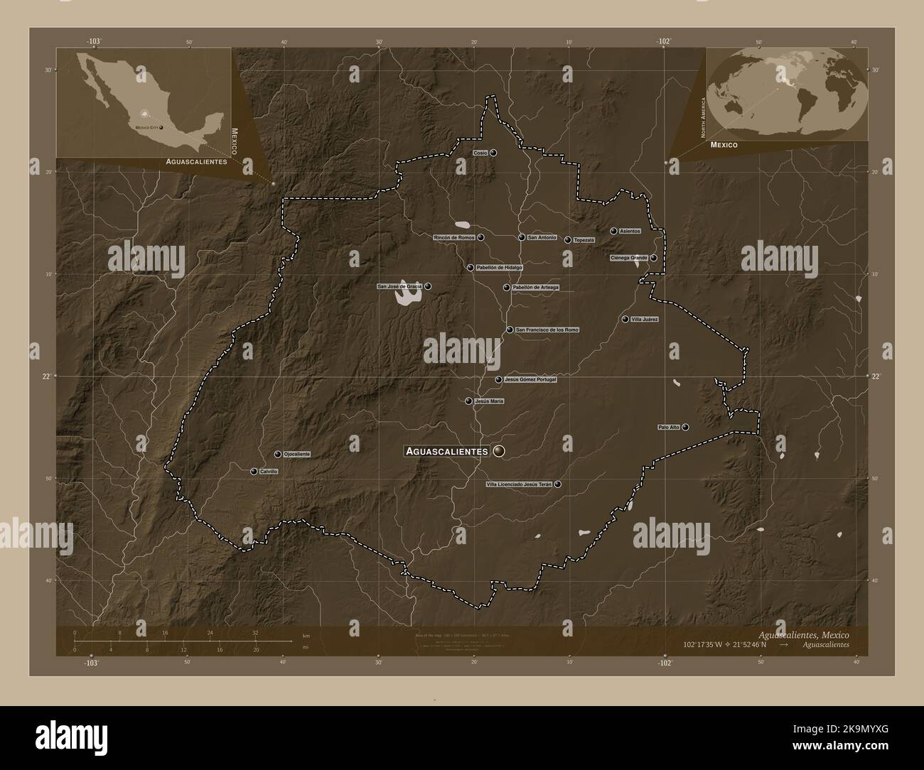 Aguascalientes, state of Mexico. Elevation map colored in sepia tones ...