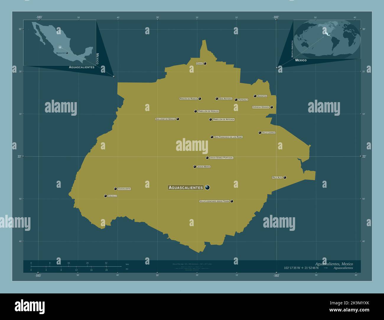 Aguascalientes, state of Mexico. Solid color shape. Locations and names ...