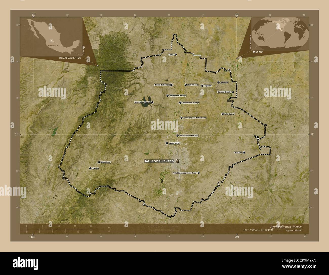 Aguascalientes, state of Mexico. Low resolution satellite map ...