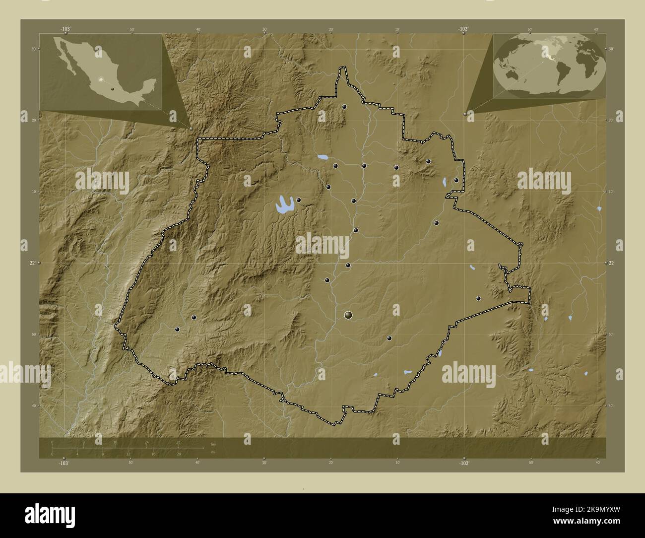 Aguascalientes, state of Mexico. Elevation map colored in wiki style ...