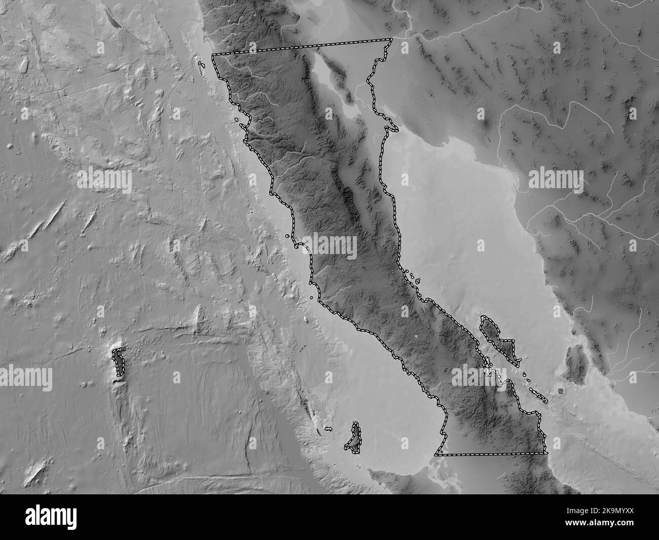Baja California, state of Mexico. Grayscale elevation map with lakes ...