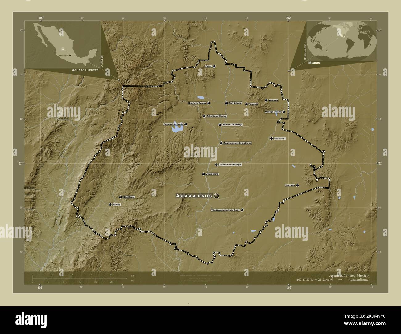 Aguascalientes, state of Mexico. Elevation map colored in wiki style ...