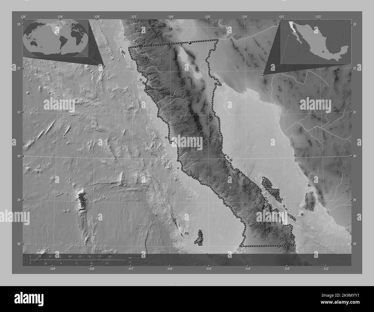 Baja California, state of Mexico. Grayscale elevation map with lakes ...