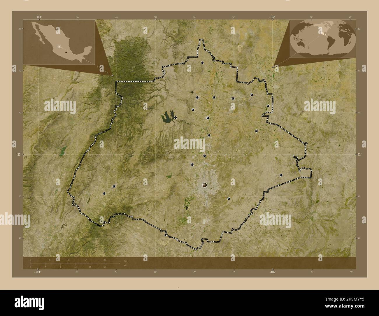 Aguascalientes, state of Mexico. Low resolution satellite map ...
