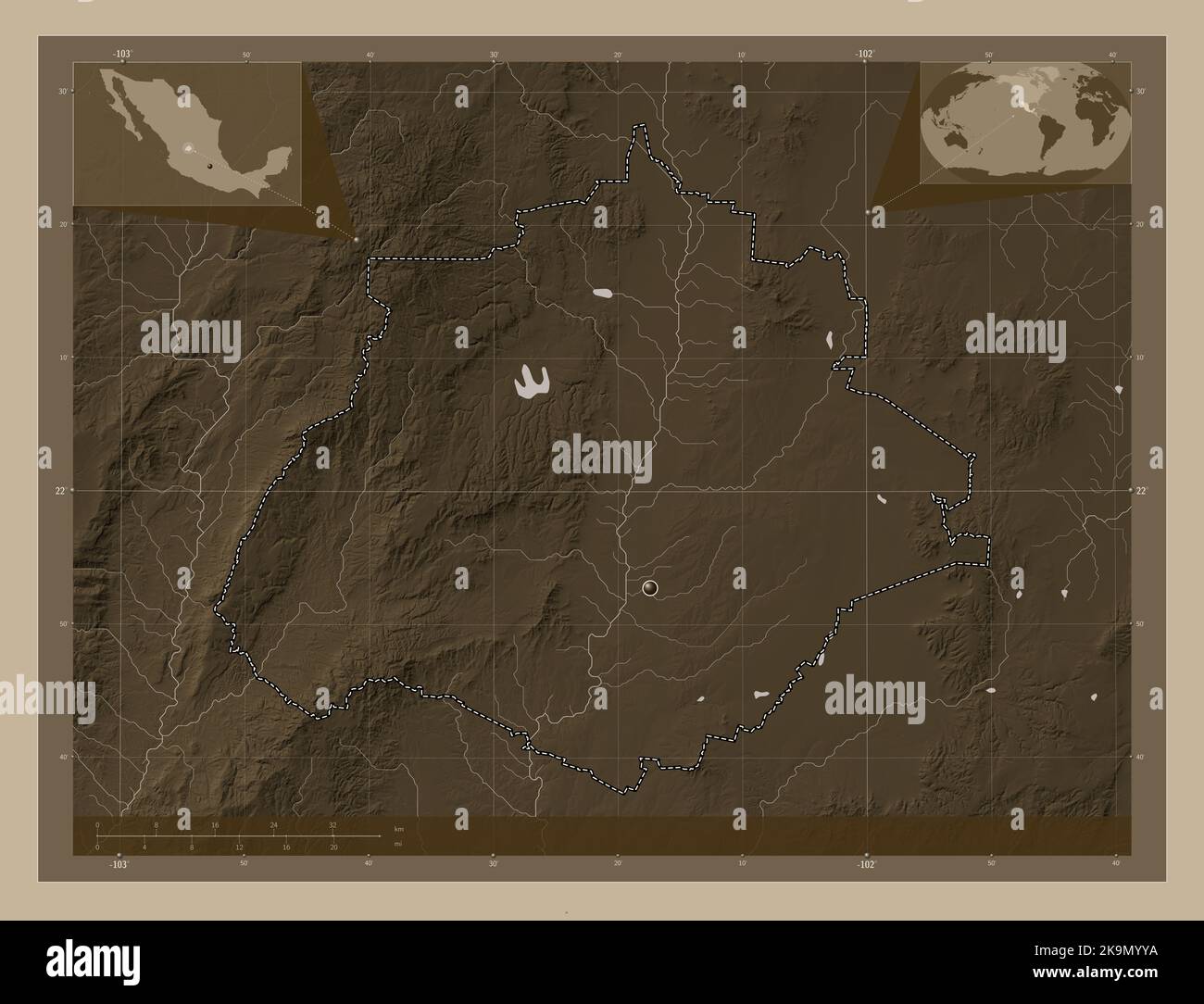 Aguascalientes, state of Mexico. Elevation map colored in sepia tones ...
