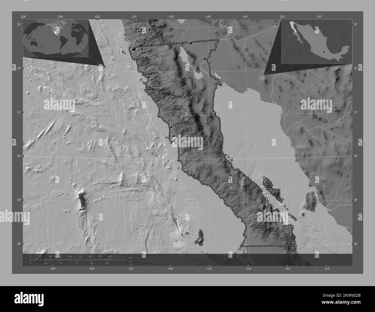 Baja California, state of Mexico. Bilevel elevation map with lakes and ...