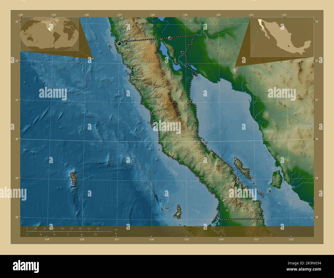 Baja California, state of Mexico. Colored elevation map with lakes and ...