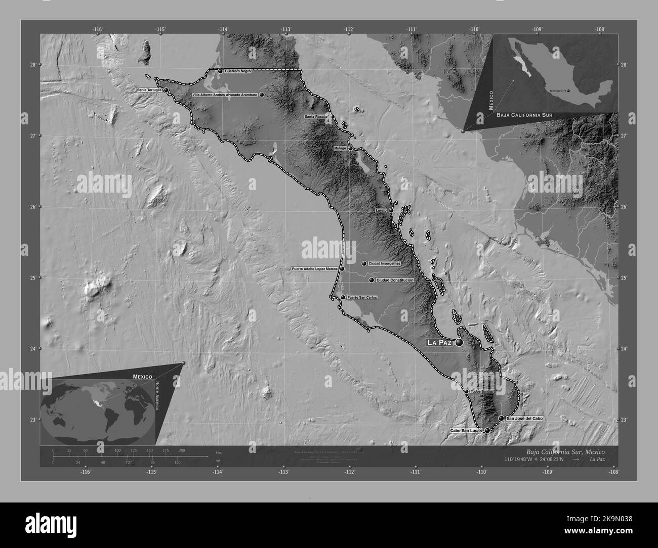 Baja California Sur, state of Mexico. Bilevel elevation map with lakes ...