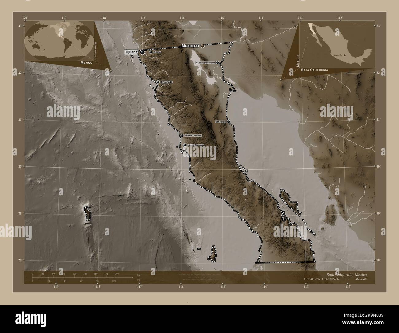 Baja California, state of Mexico. Elevation map colored in sepia tones ...