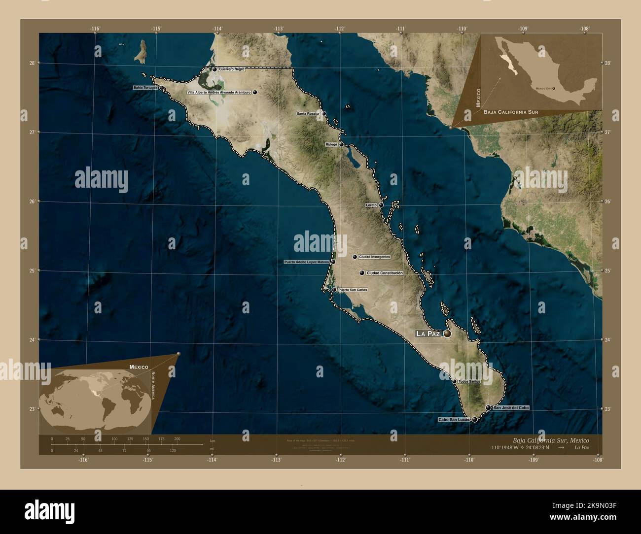 Baja California Sur, state of Mexico. Low resolution satellite map ...
