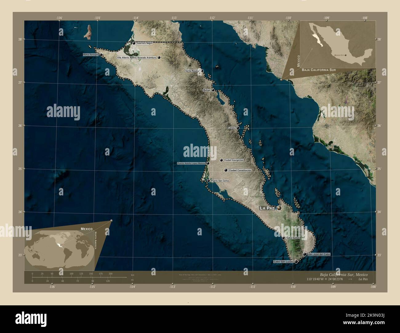 Baja California Sur, state of Mexico. High resolution satellite map ...