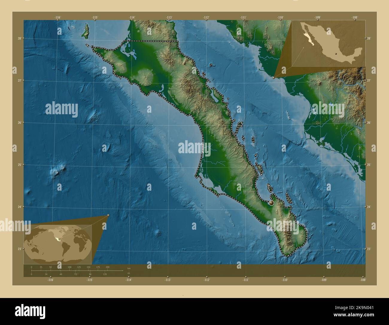 Baja California Sur, state of Mexico. Colored elevation map with lakes ...