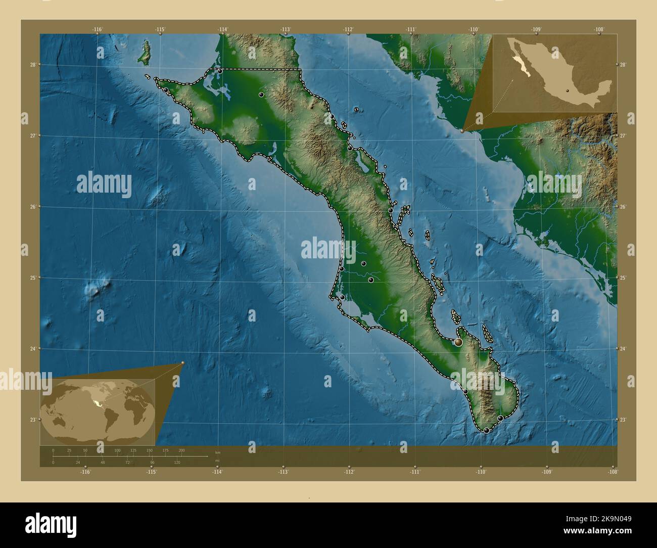 Baja California Sur, state of Mexico. Colored elevation map with lakes ...