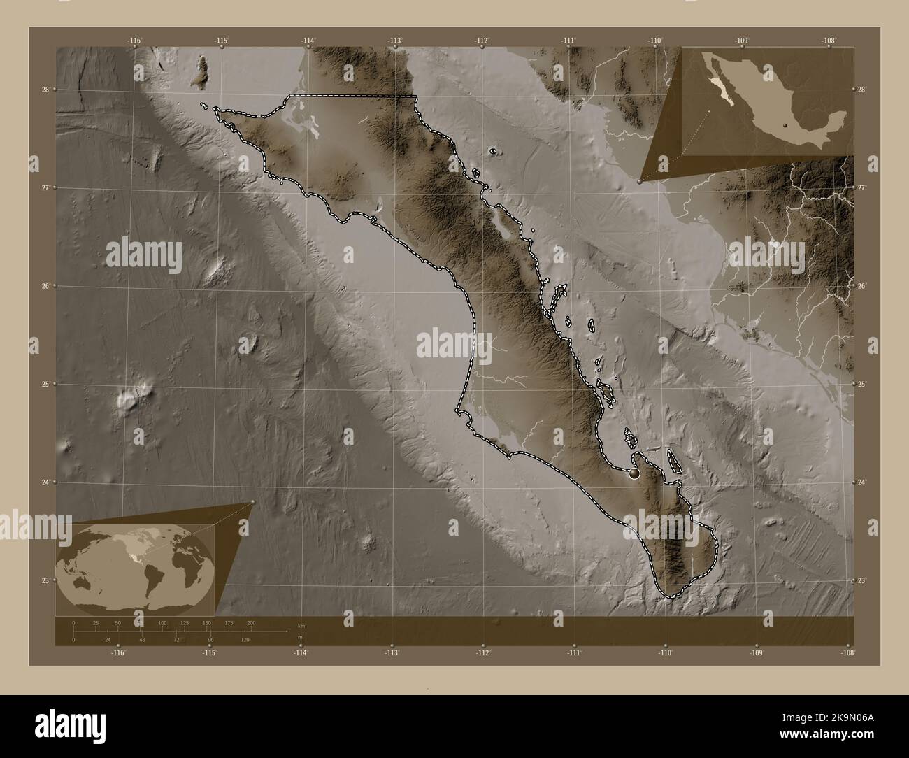 Baja California Sur, state of Mexico. Elevation map colored in sepia ...
