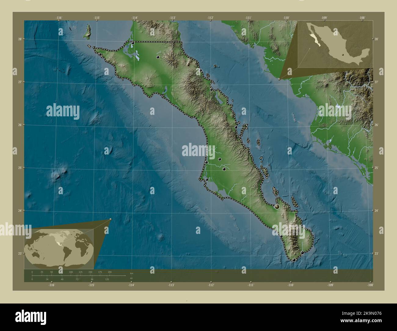 Baja California Sur, state of Mexico. Elevation map colored in wiki ...