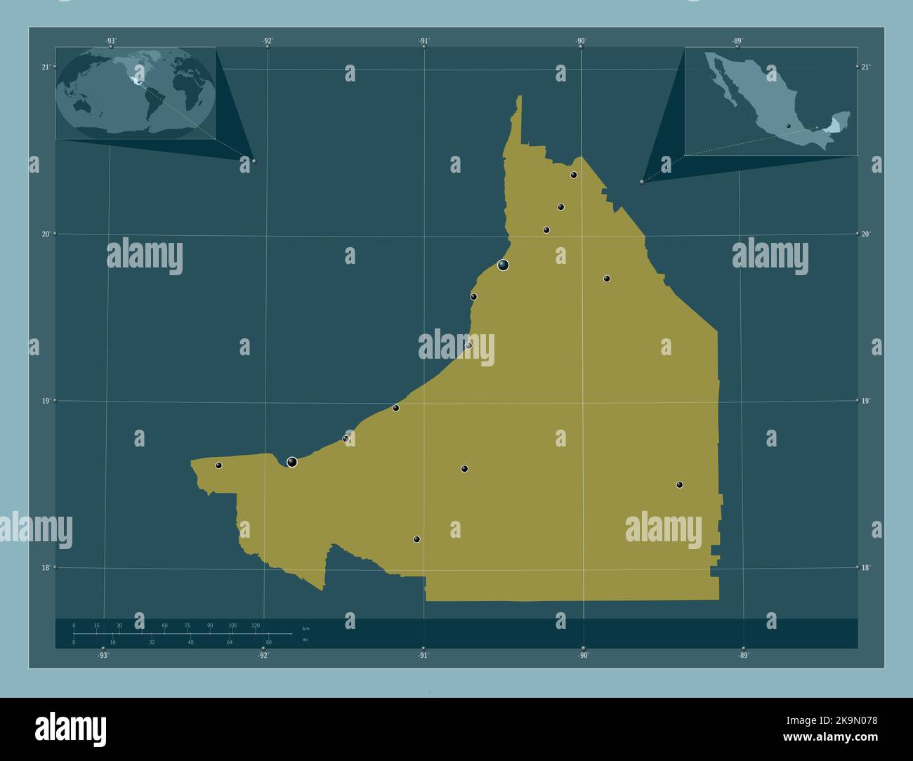 Campeche, state of Mexico. Solid color shape. Locations of major cities ...