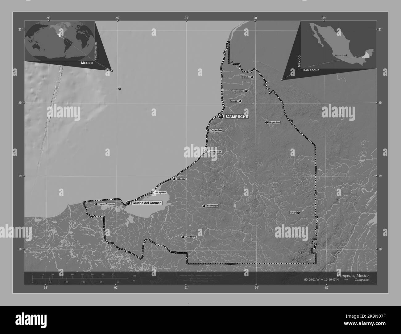 Campeche, state of Mexico. Bilevel elevation map with lakes and rivers ...