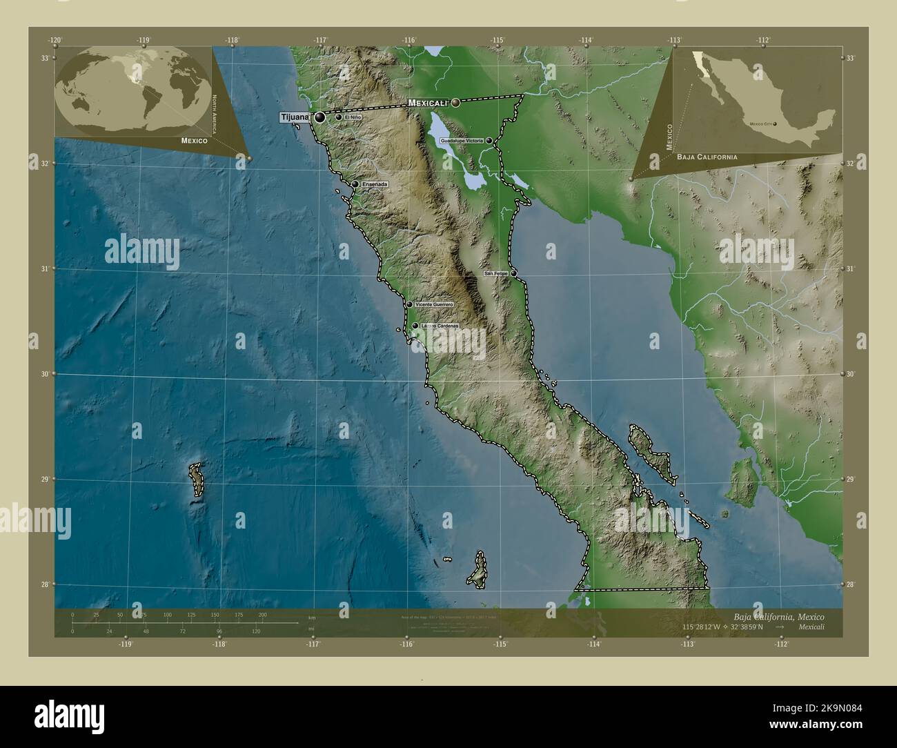 Baja California, state of Mexico. Elevation map colored in wiki style ...