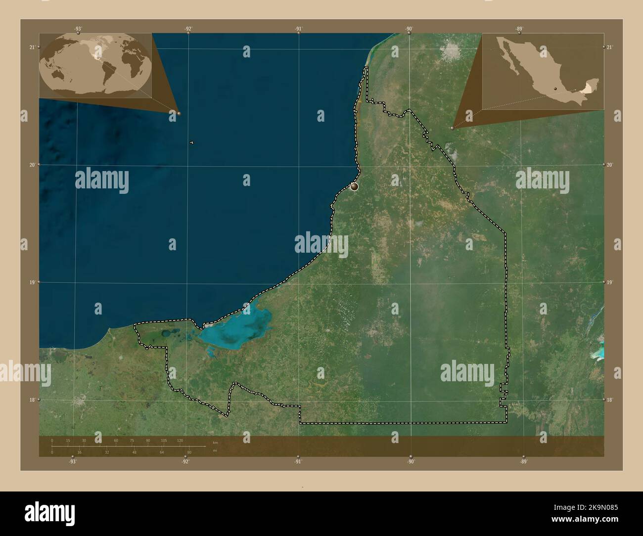 Campeche, state of Mexico. Low resolution satellite map. Corner ...