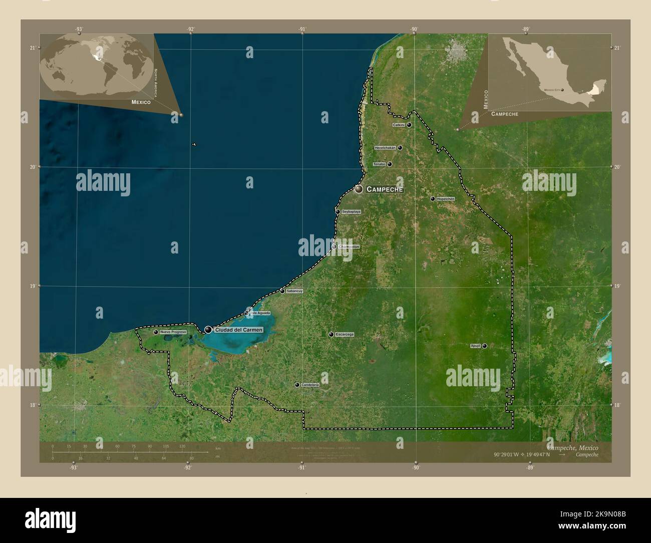 Campeche, state of Mexico. High resolution satellite map. Locations and ...